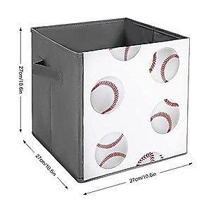 Baseball Leather Ball Storage Bins Cubes Foldable Fabric Organizers with Handles Clothes Bag Book Box Toys Basket for Shelves Closet 10.6"