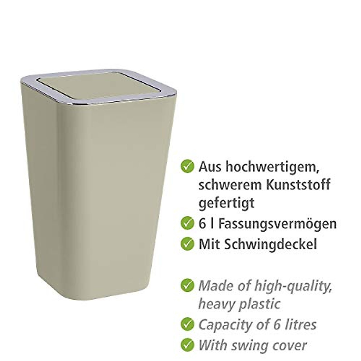 WENKO Small Trash Can with Lid, Swing Lid, Mini Waste Basket, Garbage Can, Stylish Garbage Bin for Bathroom, Bedroom, Kitchen, 1.6 Gallon, 7.1 x 11.2 x 7.1 in, Taupe