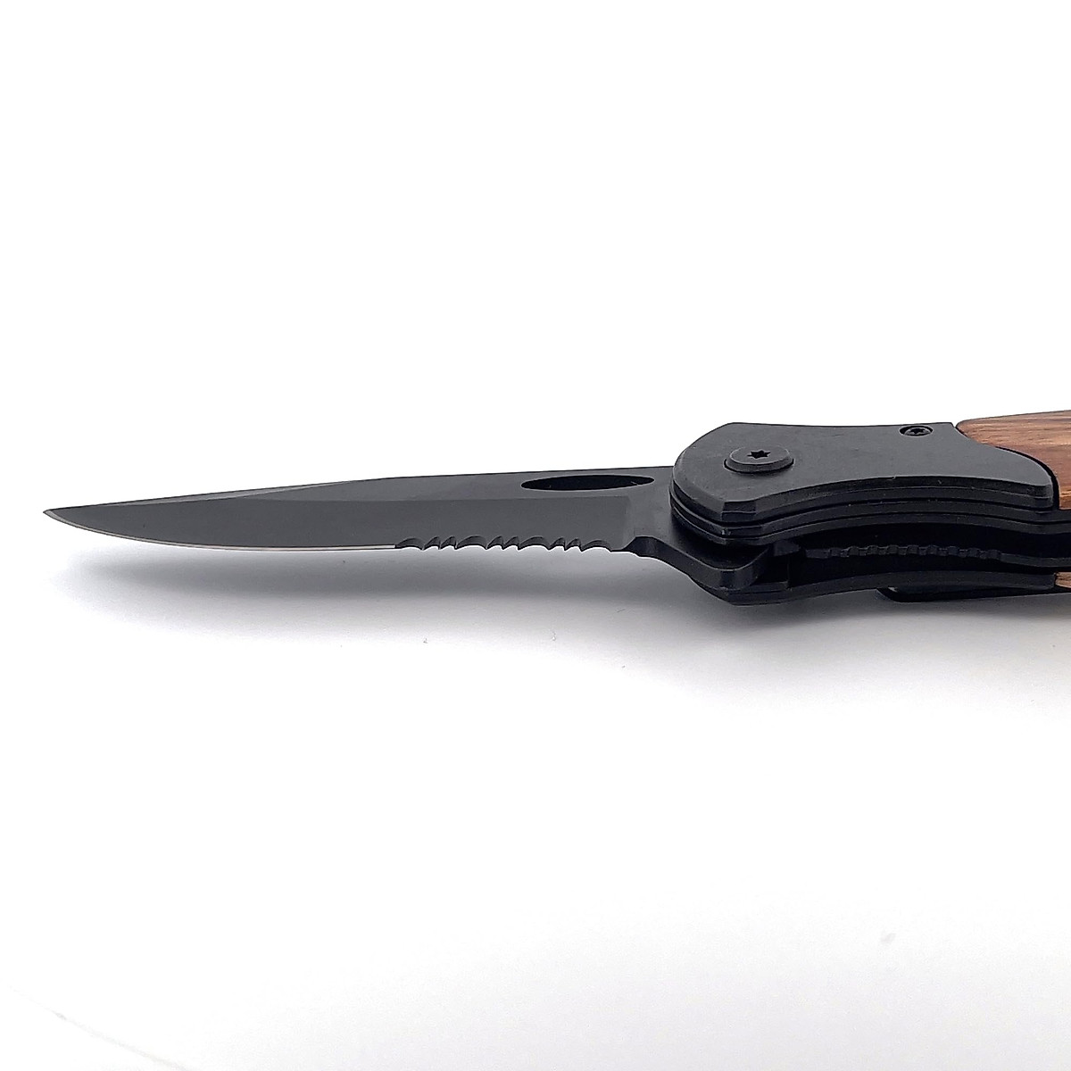 Personalized Quality Half Serrated Tan Wood Handle Pocket Knife - Free Engraving