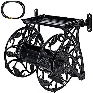 Garden Hose Reel Wall Mount with 6.5ft Leader Hose, Storage Shelf, Holds 130ft of 5/8 Hose, Portable Cast Iron Water Hose Reel for Outside Gardening Tools, Decorative Metal Hose Storage Holder