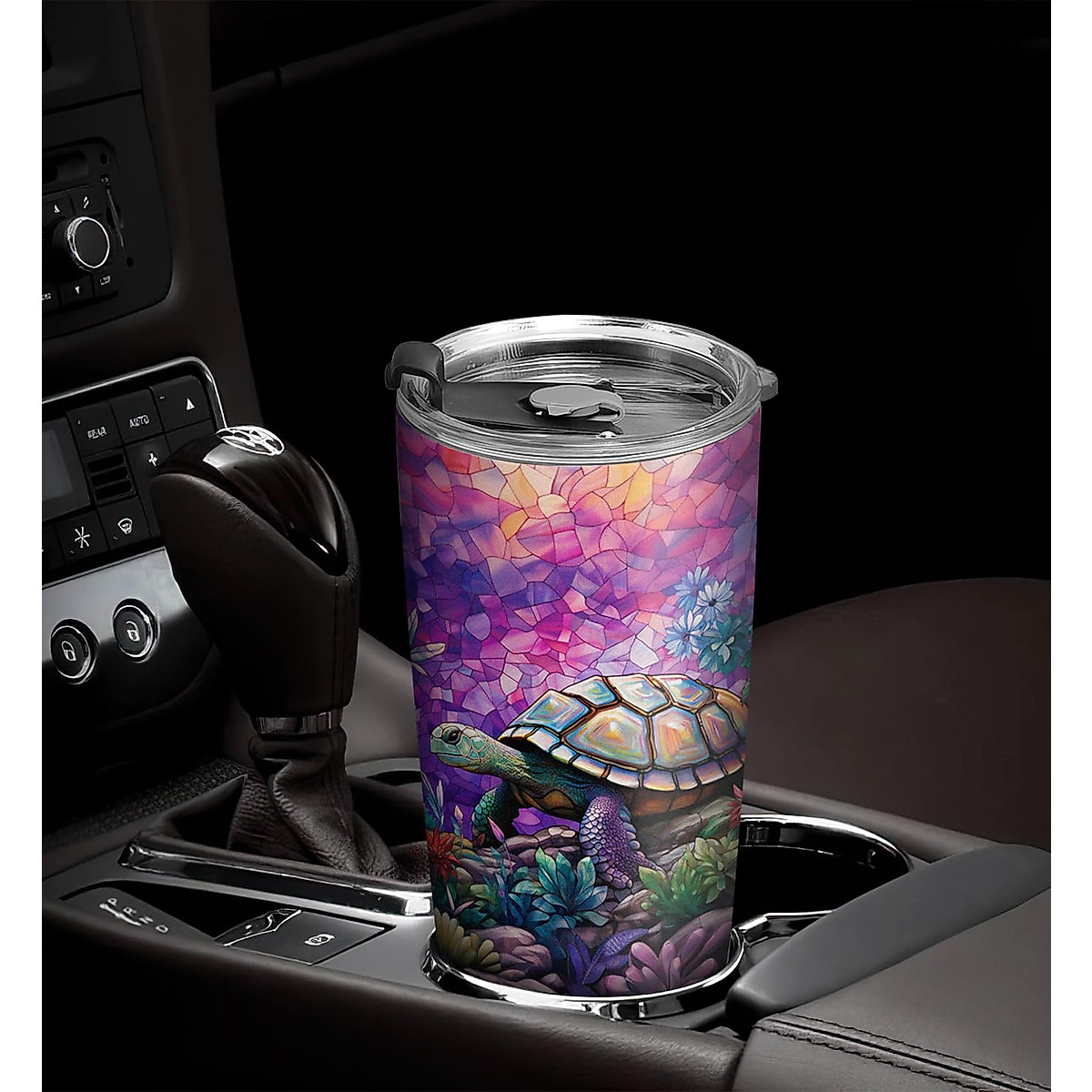 20oz Purple Stained Glass Flower Sea Turtle Tumbler, Gifts for Turtle Lovers, Ocean, Beach Gifts, Coffee Thermos for Women, Stainless Steel Double Wall Vacuum Insulated Coffee Mug, Travel Cup with Lid