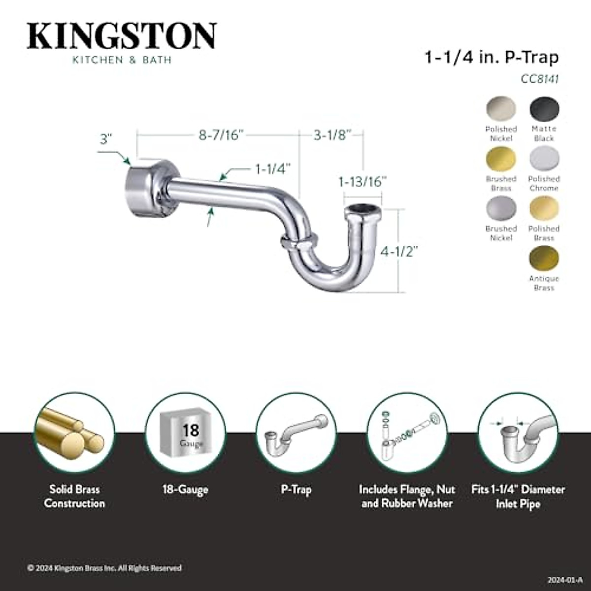 Kingston Brass CC8141 Circlet 1-1/4-inch Brass P-Trap, 18 Gauge, Polished Chrome