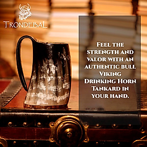 Trondebal Viking Drinking Horn Mug, 15-20 Oz Natural Ox Horn Cup & Cofee Stein | Cool Unique Gift for Men and Women, Home Decor Accessories | Shot Glasses for Beer, Ale, Mead, Whiskey