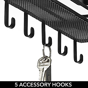 mDesign Metal Wall Mount Mail and Key Holder with 5 Hooks, Hanger Rack Shelf for Home Entryway, Mudroom, Kitchen, Hold Letters, Cards, Magazines, Coats, Umbrellas, Carson Collection, Matte Black