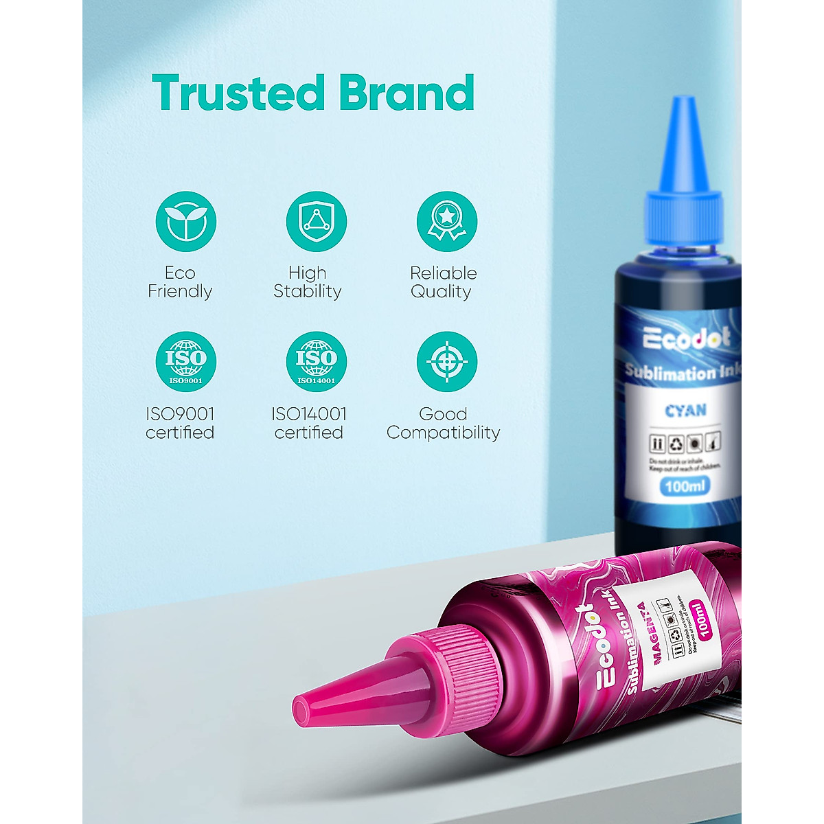 ecodot 400ML Sublimation Ink Refill for Epson WF7710 ET2720 ET4700 ET15000 ET2760 ET2750 WF7820 Inkjet Printers Heat Press Transfer on Plates, Mugs, Polyester Shirts, Phone Cases etc