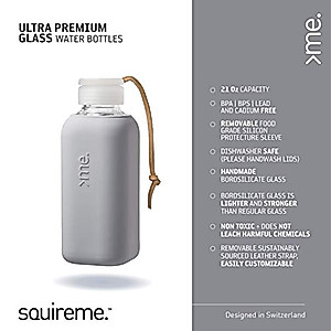 SQUIREME. Y1 Borosilicate Glass Water Bottles, Clear Bottle, Reusable, BPA Free, Tumbler, Dishwasher Safe, Drink Container, Silicone Sleeve, Easy-Off Lid, Hot and Cold Liquid, Concrete Grey 20oz
