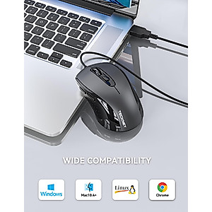TECKNET Computer Wired Mouse, USB Mouse Wired for Laptop with 6-Button, 3600DPI Optical PC Wired Mouse, Home and Office 5FT USB-A Corded Comfortable Mouse, Plug & Play, NO Battery Required-Grey