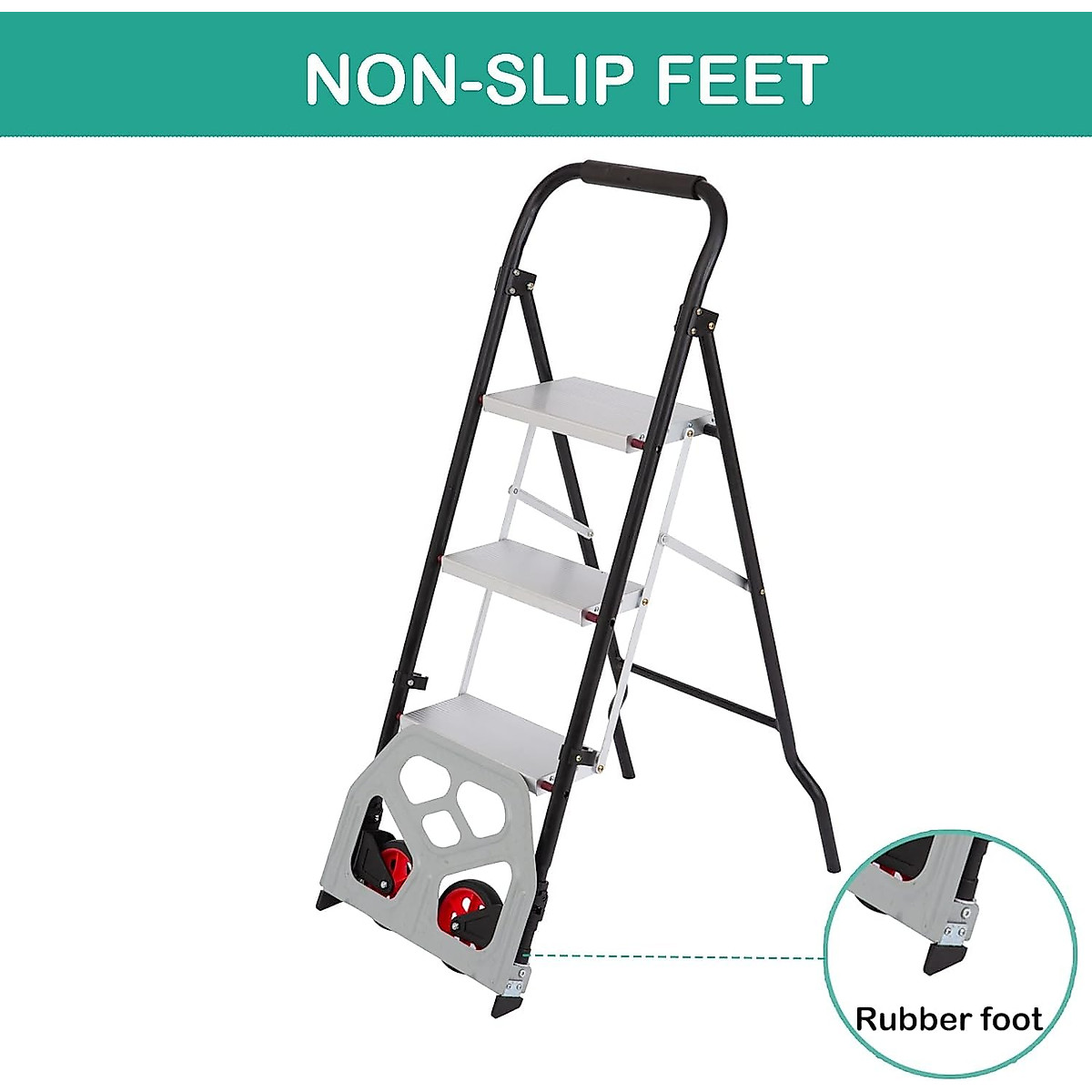 LEADALLWAY 3 Step Ladder Dolly Cart 2-in-1 Portable No-Slip Folding Step Stool