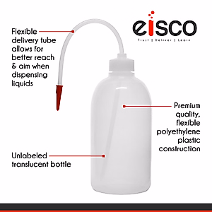 EISCO Wash Bottle, 1000ml - Polyethylene - Translucent, Unbreakable - Screw Cap with Flexible Delivery Tube for Dispensing Liquid - Includes Tube Cap