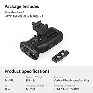 SmallRig NATO Side Handle Universal for Left and Right, 360° Rotating Side Grip with a NATO Rail, Quick Release Side Handgrip for Camera Cage, Only 205g Max. Load 5kg - 3847
