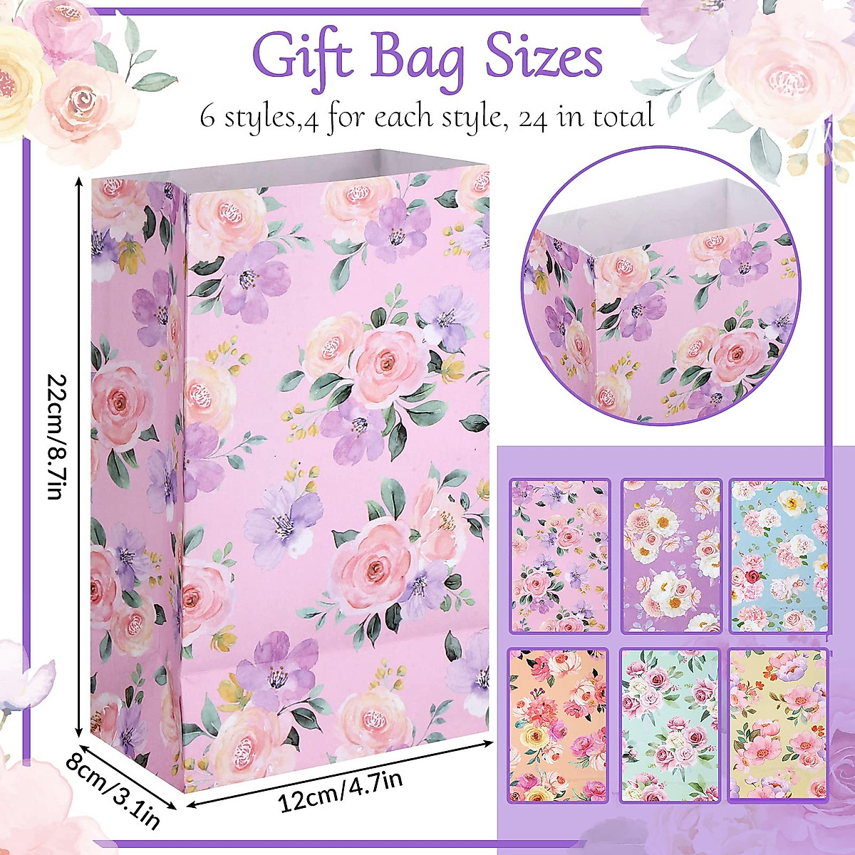 Panelee 24 Pcs Floral Paper Gift Bags Tea Party Bags Spring Goodie Bags Small Flower Candy Treat Bags for Wedding Bridal Baby Shower Birthday Mother's Day Decorations