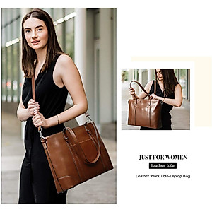 S-ZONE Leather Tote Bag for Women Office Shoulder Handbag 15.6 Inch Work Laptop Briefcase (Dark Brown)