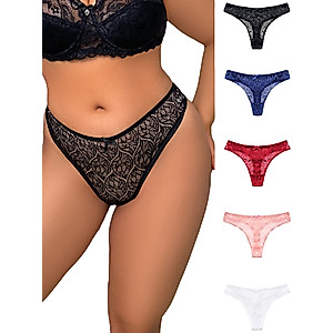 WDIRARA Women's Plus Size 5 Packs Lace High Waisted Thong See Through Panty Underwear Multicolor 4XL