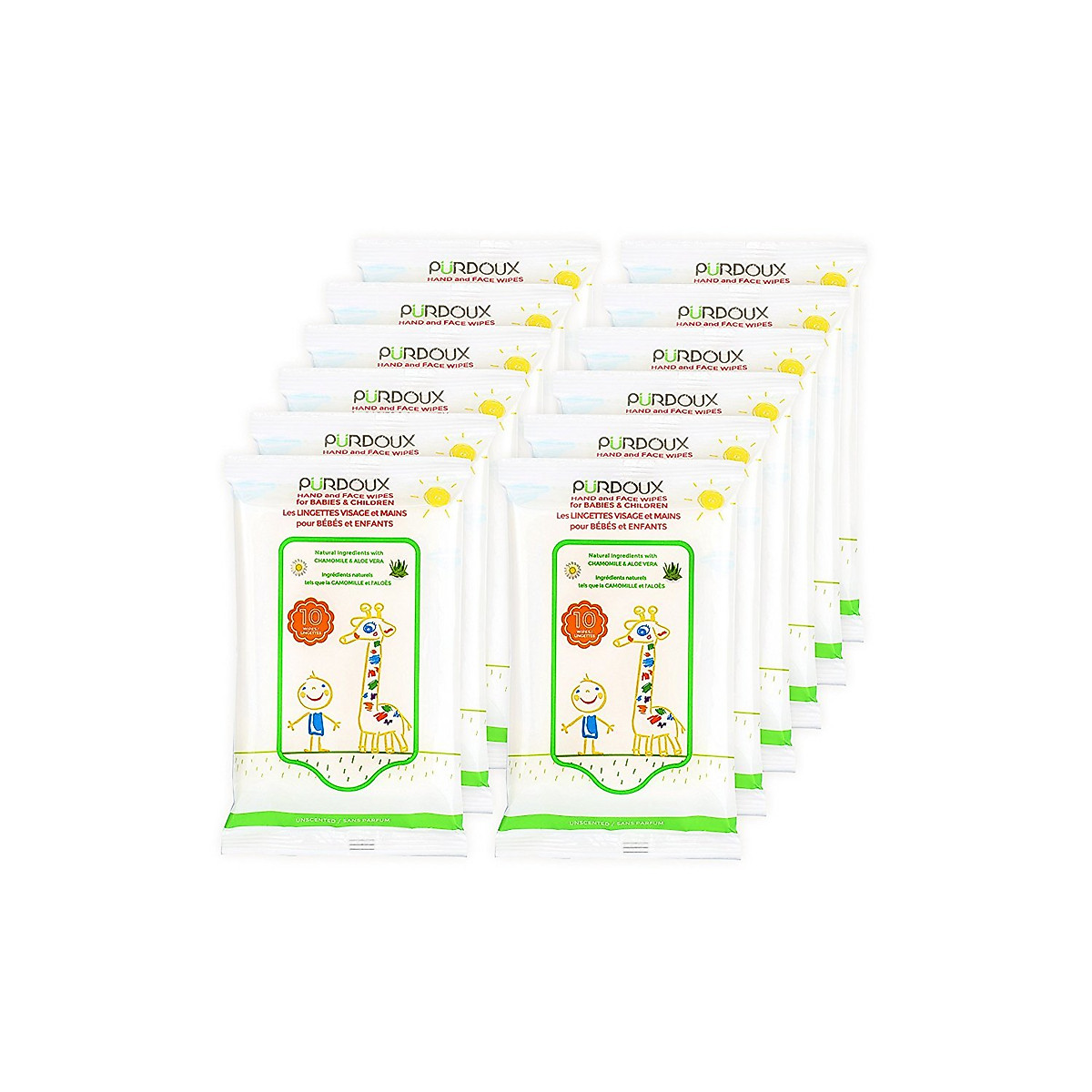 PÜRDOUX™ 100% Cotton Wipes for Babies and Children with Aloe Vera and Chamomile (Box of total 120 wet wipes in 12 resealable sachets, 10 wipes per sachet) (1 box (120 wipes,12 sachet/box,10 wipes/sachet))