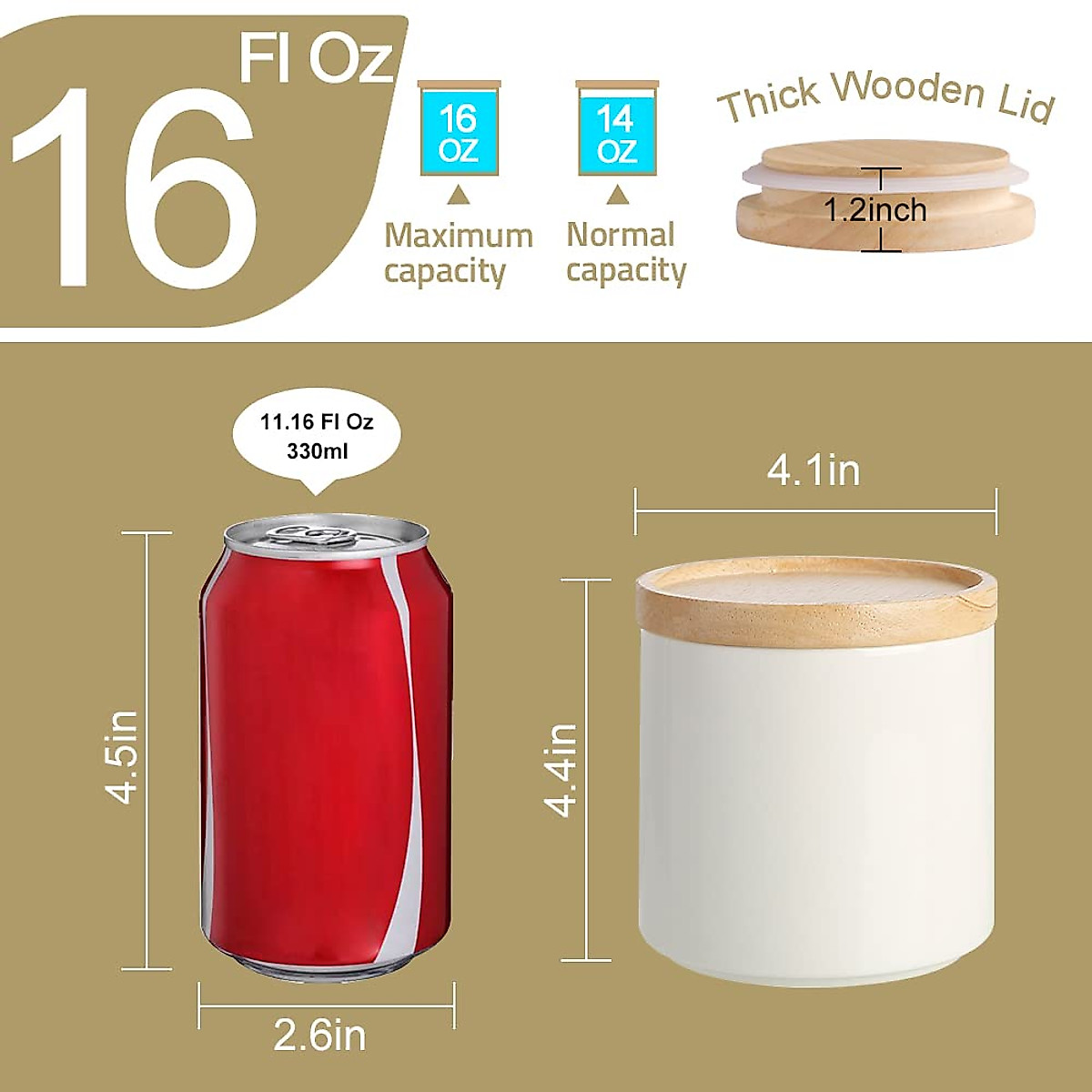 Sweejar Kitchen Canisters Ceramic Food Storage Jar, Stackable Containers with Airtight Seal Wooden Lid for Serving Ground Coffee, Tea, Sugar, Salt and More - 16 Fl Oz (White)