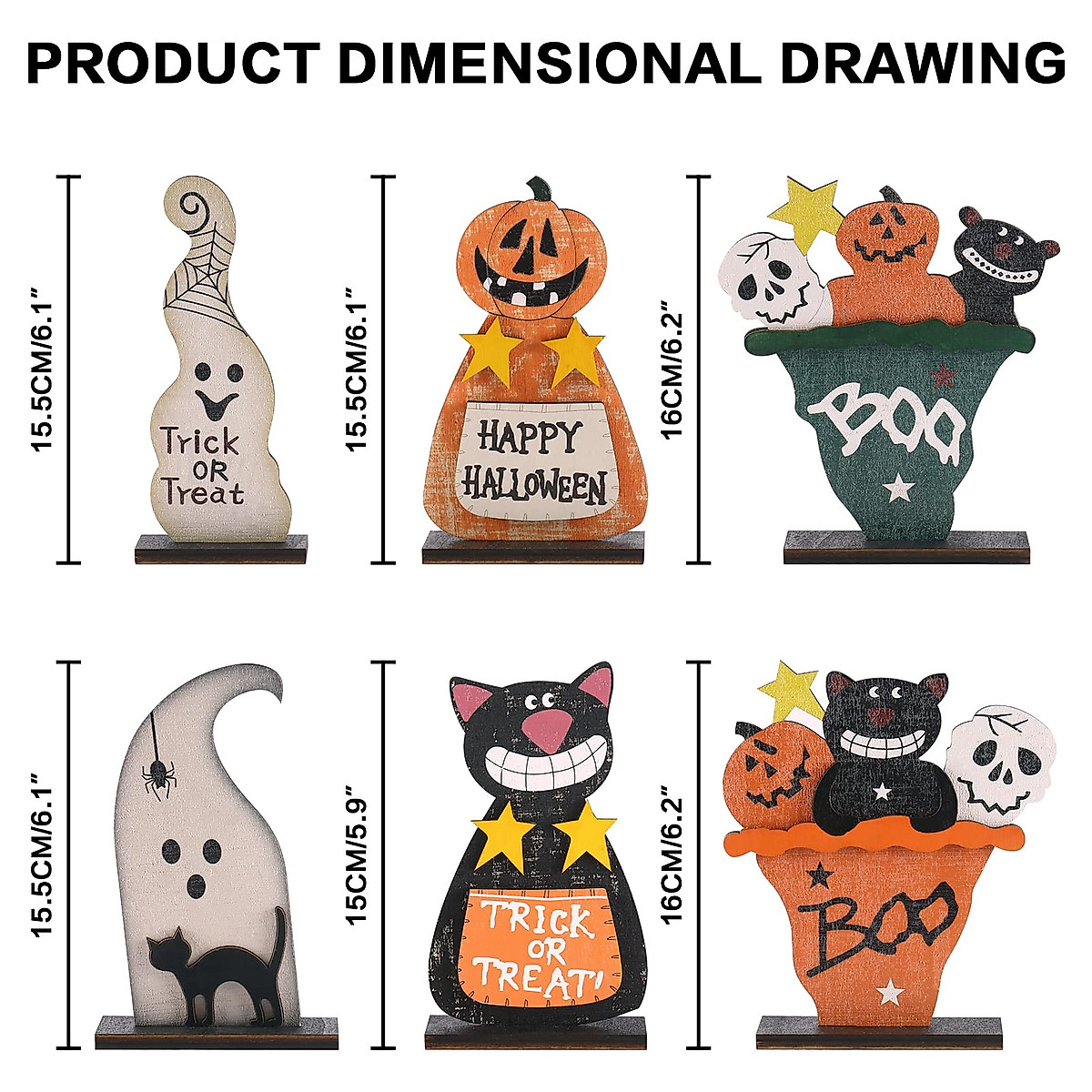 SY Super Bang Wooden Halloween Table Top Decorations - 6PCS Retro Halloween Decor Including Black Cat/Pumpkin Monster/Ghost/Skull Crafts, for Home Farmhouse Holiday Indoor, Rustic