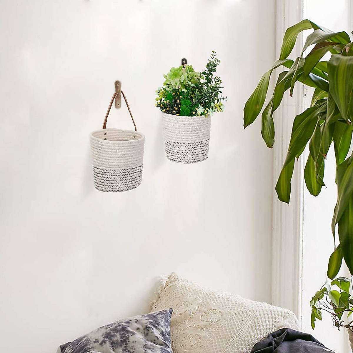 HIGOGOGO 2 Pack Wall Hanging Cotton Storage Baskets, Small Rope Baskets with Leather Handle Door Closet Organizer Woven Baskets for Keys, Wallet, Plants, Towels, Toys, 7.87" x 7"
