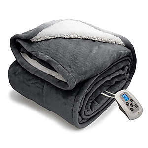 Twin Electric Blanket Heated Sherpa and Reversible Flannel Washable Throw,Fast-Heating Full Body Warming Soft with 10 Heat Settings/Safety 10 Hours Auto-Off Controller （62x84''Linen