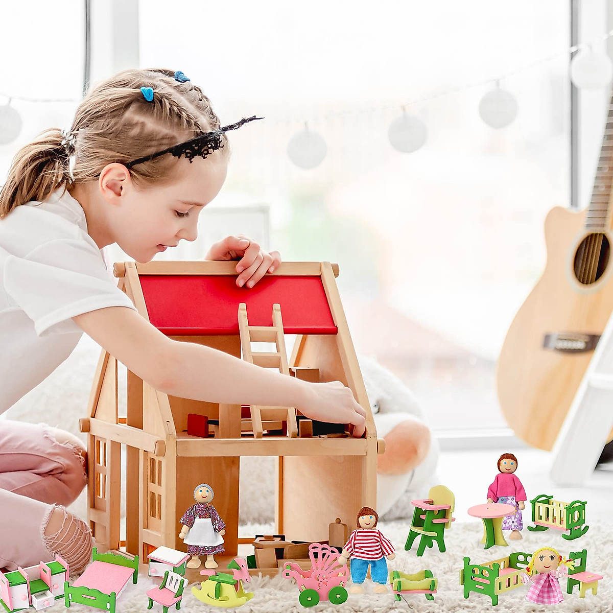 6 Sets of Wooden Dollhouse Furniture Set with 8 Dollhouse Family Figures 1:12 Playhouse Miniature Wood Toy Furniture and Accessories Kitchen, Bathroom, Living Room, Bedroom Pretend Play Toys
