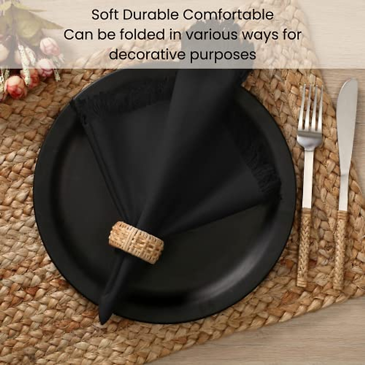 Cotton Clinic Cloth Dinner Napkins Fringes – Perfect Everyday Use Table Napkins – Soft Durable Washable – Ideal for Party Wedding Christmas Easter – Set of 12-20x20 inches Black Napkins
