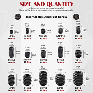 Hilitchi 370Pcs Socket Set Screw Assortment in SAE Sizes Internal Hex Drive Cup Point Allen Grub Screws 12.9 Class Black Alloy Steel (15Sizes)