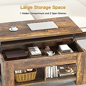 NOBLEWELL Coffee Table Lift Top with Storage Compartment and Separated Open Shelves, Pop Up Coffee Table for Living Room, 39.4in L, Vintage Brown