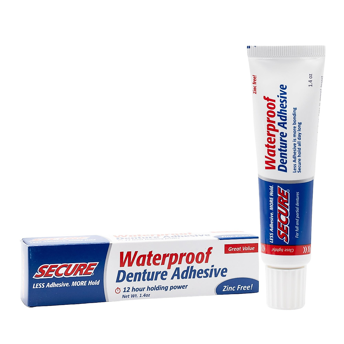 Secure Waterproof Denture Adhesive - Zinc Free - Extra Strong Hold For Upper, Lower or Partials - 1.4 oz