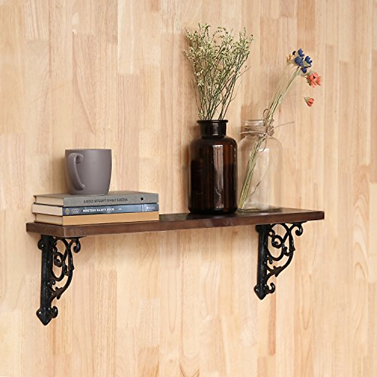 MyGift 24-Inch Floating Shelf Wood with Decorative Victorian Style Cast Iron Brackets
