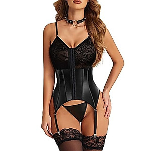 Avidlove Women Lingerie Back Lace Up Corset Bodysuit Women Lace Lingerie Set With Garter Belts Black