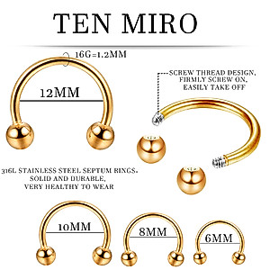 TEN MIRO 36PCS 16G Horseshoe Nose Septum Rings Stainless Steel Circular Barbells Cartilage Tragus Helix Hoop Eyebrow Lip Horseshoe Piercings Body Jewelry for Women Men 6mm-12mm(6-10mm)