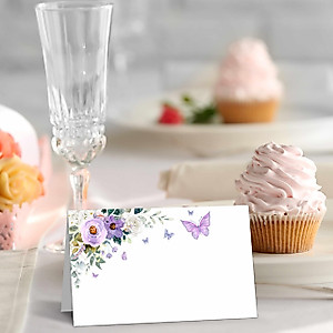 Butterfly Place Cards, Boho Floral Table Place Card For Birthday Baby Shower Dinner Wedding, Purple Tent Name Place Cards For Table Setting, 25 Pack(02)