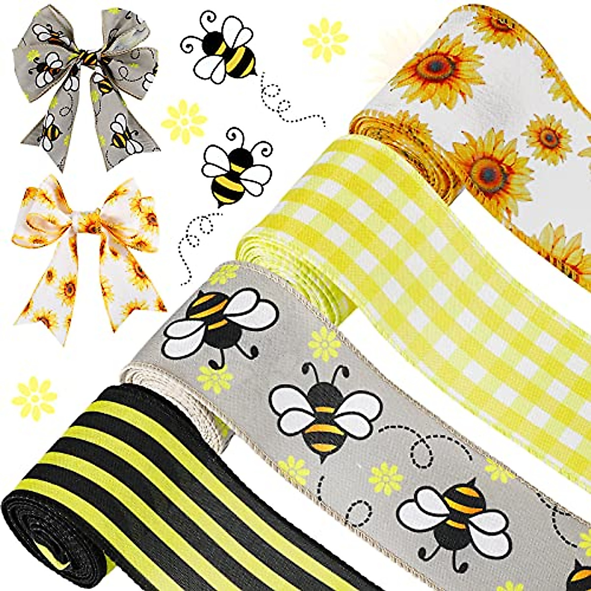 20 Yards Bee and Sunflower Wired Ribbon 2.5 Inch Wide Honeybee Craft Ribbon Black Yellow Wired Edge Ribbon for DIY Wrapping Crafts Decor Party Ornaments, 4 Rolls
