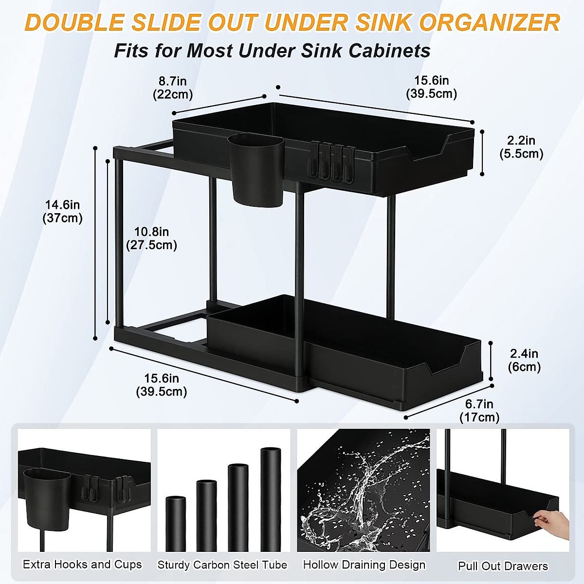 ENOMY 2 Pack Double Sliding Under Sink Organizers and Storage, 2 Tier Under Cabinet Organizer with Hooks & Hanging Cups Multi-Purpose Under Sink Shelf Organizer for Bathroom Kitchen, Black