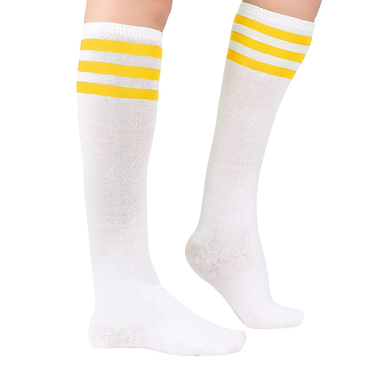CICEYET Classic Triple Stripes Socks Halloween Cotton Knee High Tube Socks Skating Athletic Sport Socks for Men Women (White/Yellow)