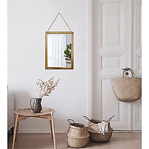 AAZZKANG Rustic Mirrors for Wall Rectangle Wood Frame Mirror Farmhouse Bedroom Bathroom Decorative Mirror with Hanging Rope