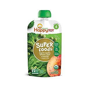 HAPPYTOT Organics Super Foods Stage 4, Apples Spinach Peas & Broccoli + Super Chia, 4.22 Ounce Pouch (Pack of 16) packaging may vary