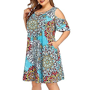 Sun Dresses Women Summer Plus Size Cold Shoulder Beach Swim Cover Up Tshirt Casual Hawaiian Tank Floral Sundress Pockets