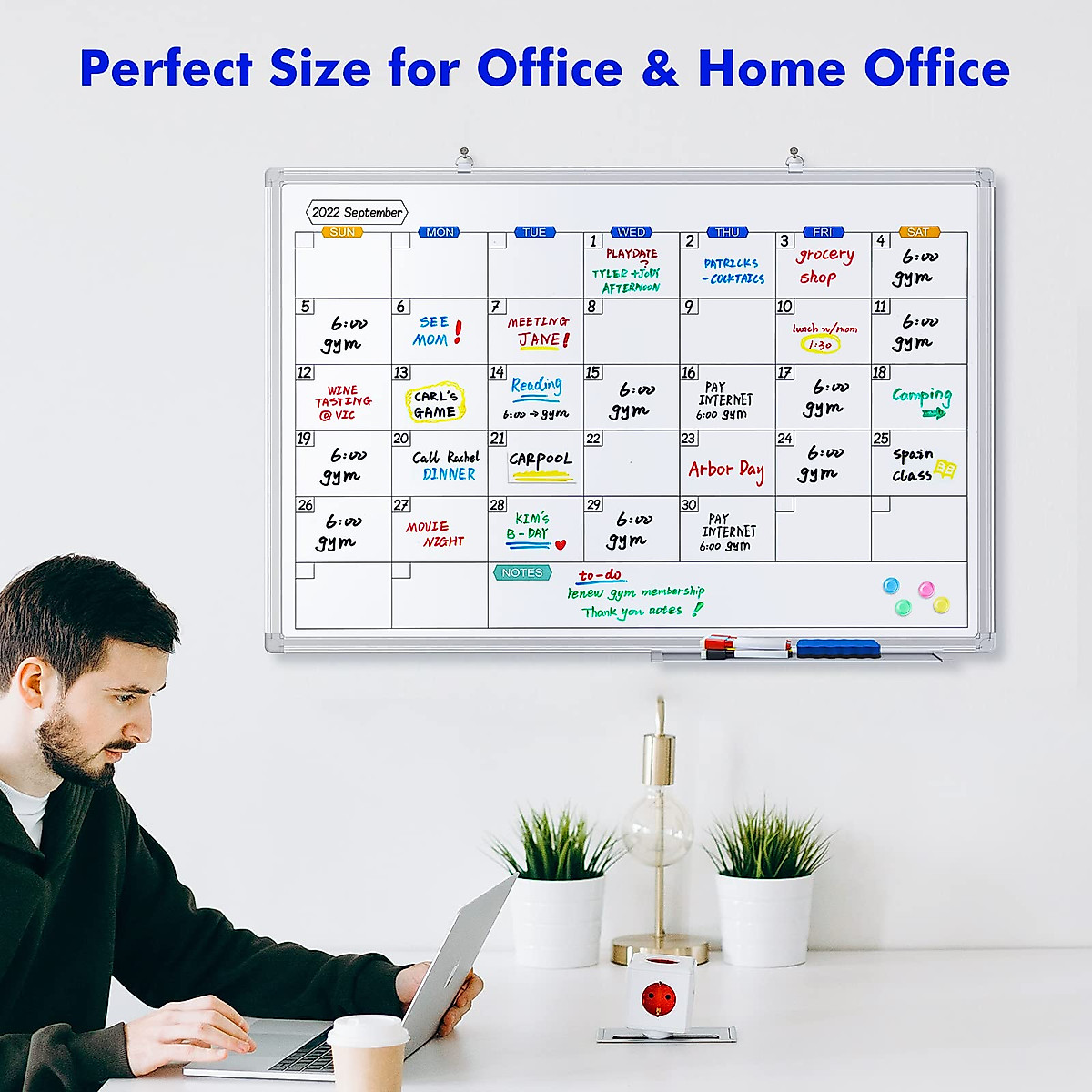 Dry Erase Calendar Whiteboard for Wall, 36" x 24" Magnetic Monthly WhiteBoard Calendar Dry Erase, Wall Hanging Aluminum Frame Calendar Board with Tray for Home, School, Office (Silver Frame)