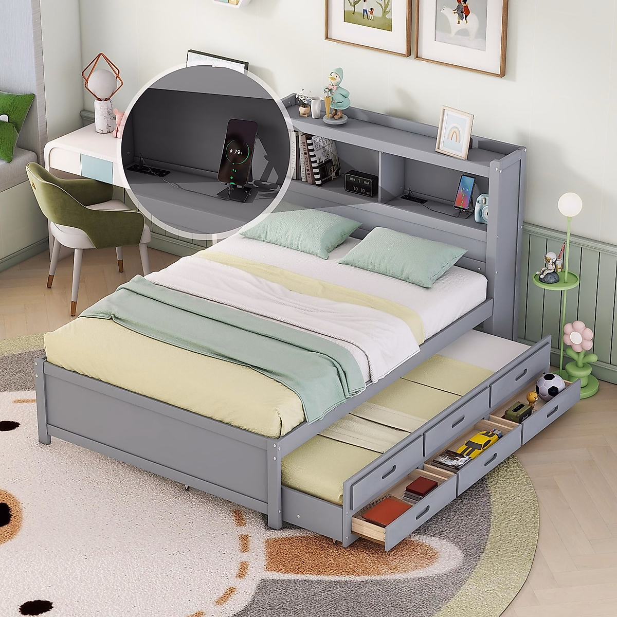 Harper & Bright Designs Full Size Bed with Bookcase Headboard, Wooden Full Size Platform Bed with Trundle and Storage Drawers,Full Storage Bed with USB Ports Outlets for Kids Girls Boys, Grey