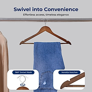 SereneLife Wooden Hangers 10 Pack, Non-Slip, Sturdy, Heavy Duty Suit Hanger Set with 360° Chrome Swivel Hook, Space-Saving Wood Hangers Closet Organizer for Clothes, Coat, Pants, Dress (Vintage)