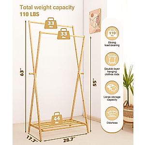 Cozivolife Bamboo Clothes Rack with Storage Shelf, Portable Garment Rack Clothing Racks for Hanging Clothes, Foldable Wardrobe Storage Rack for Entryway and Bed Room (Natural)