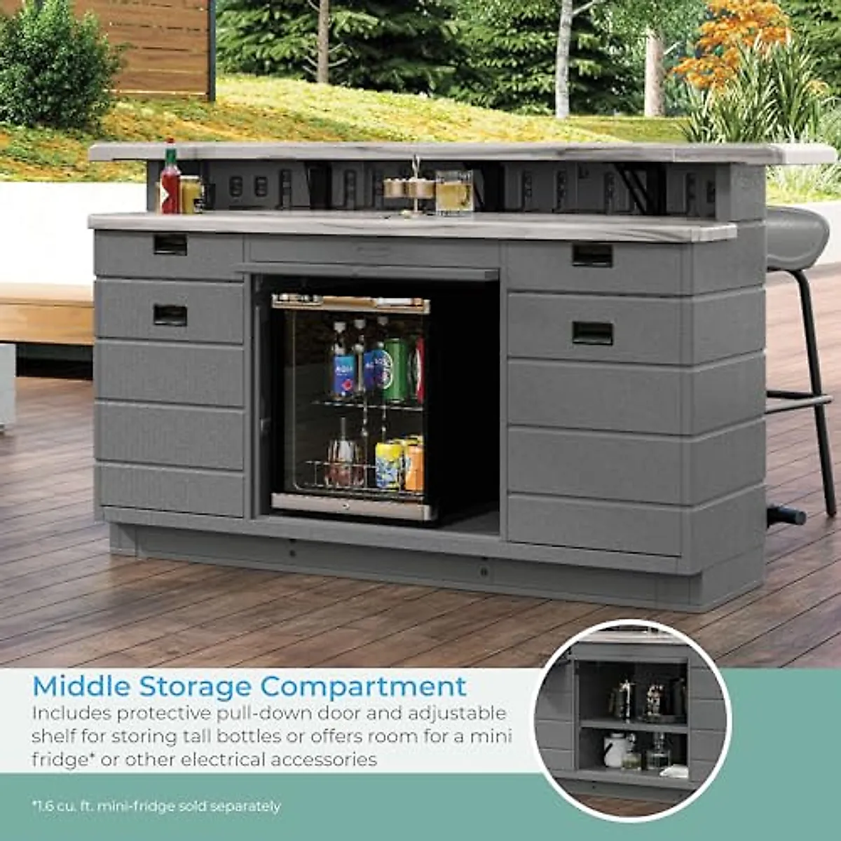 Suncast Backyard Oasis Entertainment Pull-Out Drawers and Shelving Space, Water-Resistant Outdoor Food and Bar Unit, Gray