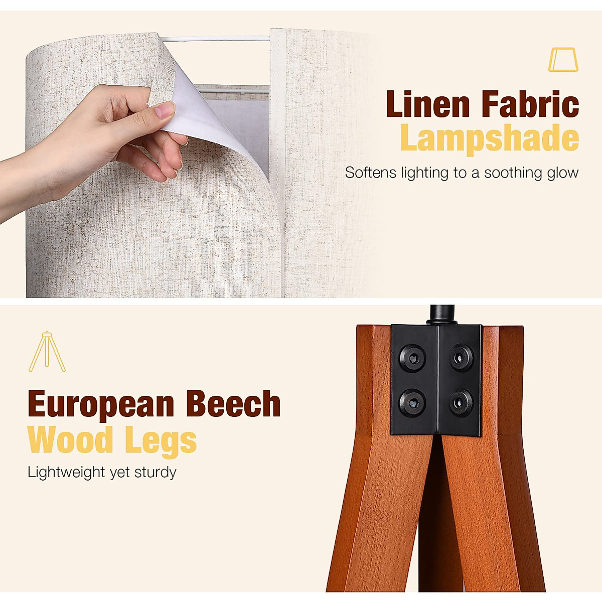 Isloys Wood Tripod Floor Lamp, 3 Color Temperatures Mid Century Modern Boho Floor Lamp, Tall Standing Lamps for Living Room Bedroom Office, Flaxen Lamp Shade with E26 Lamp Base