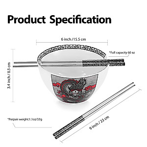 Hagary Dragon Ramen Bowl with Chopsticks Ceramic Bowl Stainless Steel Chopsticks Japanese Style Udon Miso Noodle Soup Bowls Housewarming Wedding Gifts Designed in Korea (Black, 20oz)