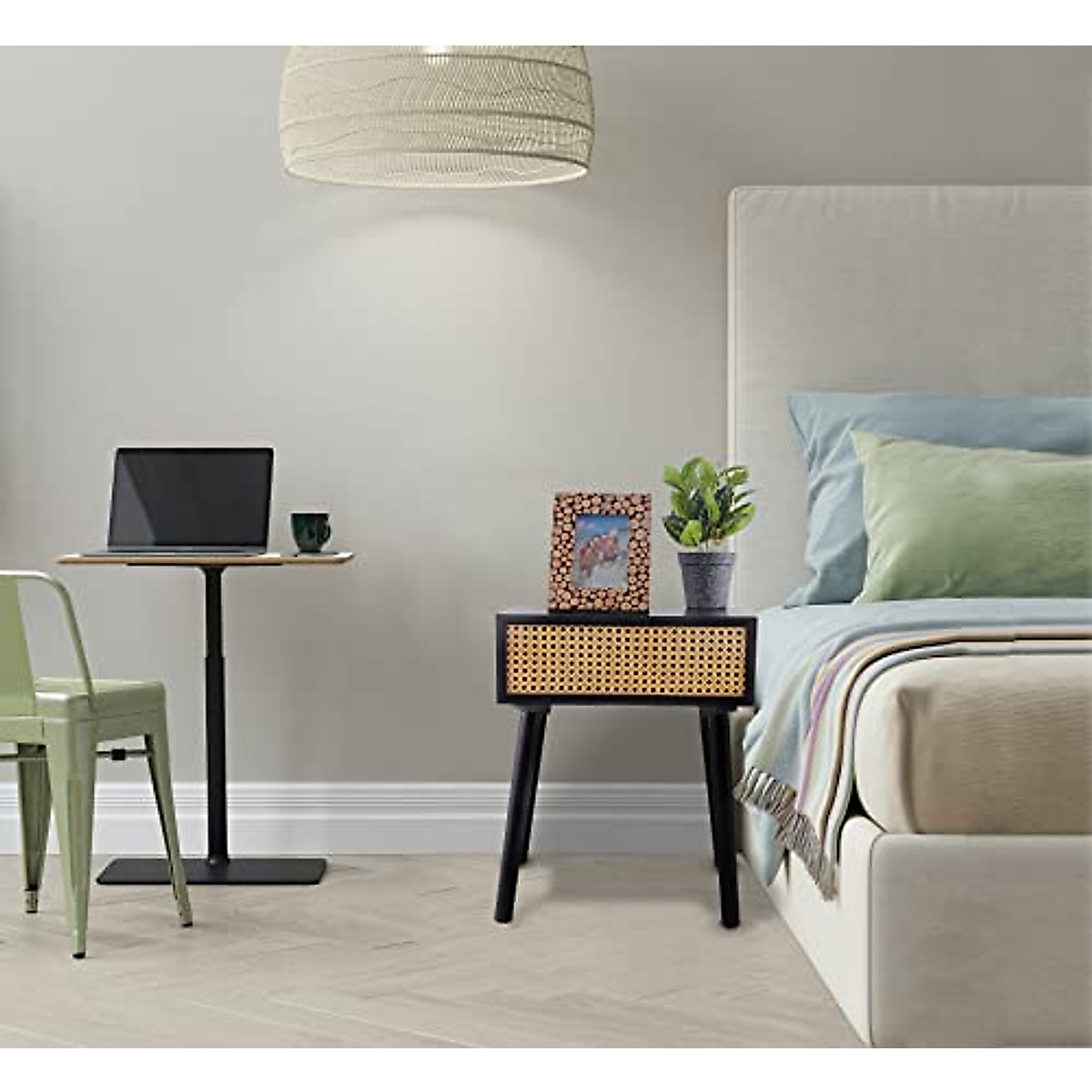 Rattan Nightstand, Small End Table with Storage (No Assembly Required), Black Side Tables Bedside Table Mid-Century Modern Style Coffee Table for Living Room Bedroom Balcony Office