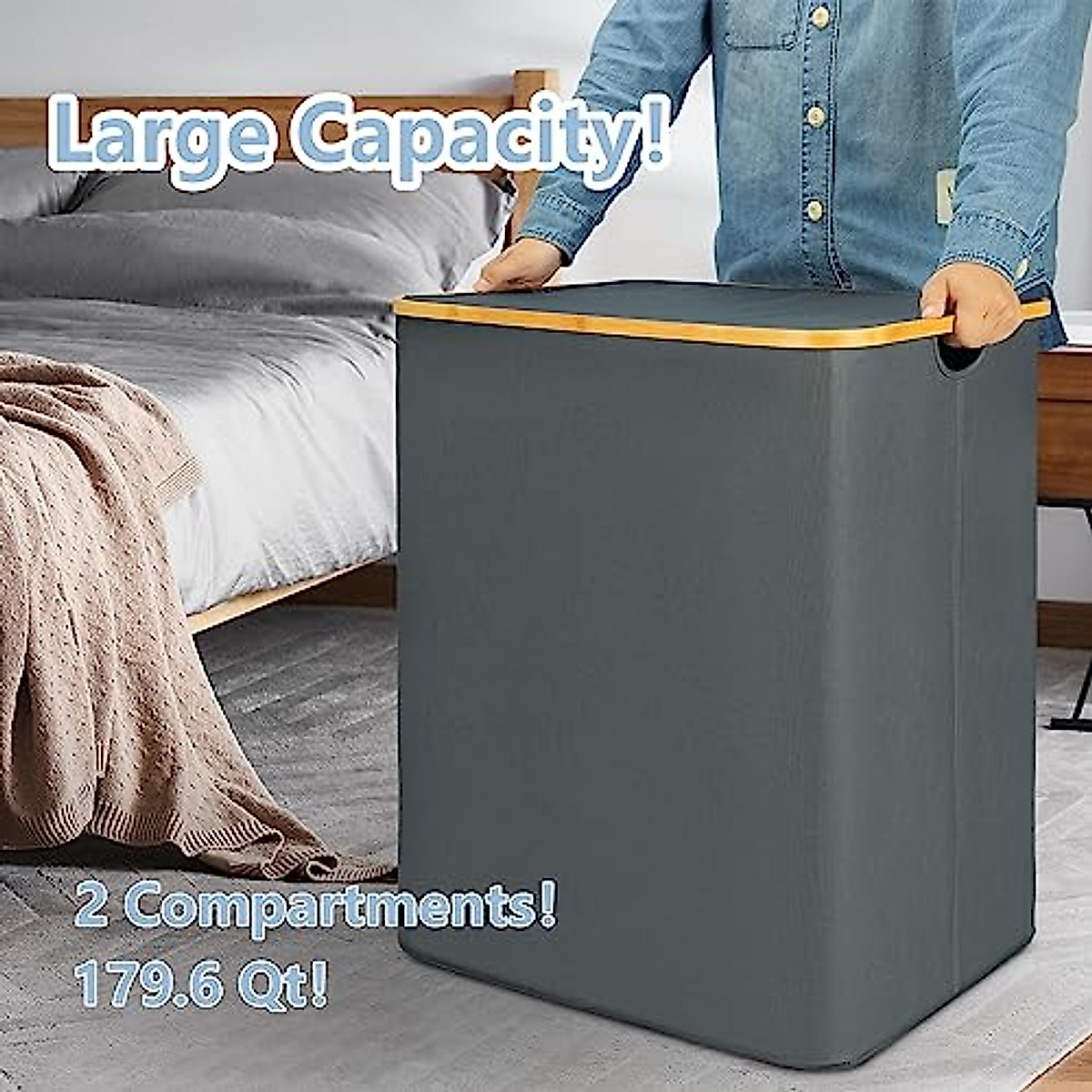 Graciadeco 170L Double Laundry Basket with Lid Foldable Extra Large 2 compartment Laundry Hamper with Handles Dirty Clothes 2 section Hamper for Laundry Bamboo Bathroom Bin Bedroom Closet, Grey