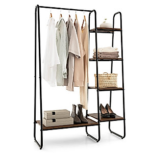 Tangkula Garment Rack with Shelves, Clothes Rack with 5 Shelves & Hanging Bar, Open Wardrobe for Hanging Clothes and Storage, Free Standing Closet Organizer, Clothing Rack for Bedroom Entryway