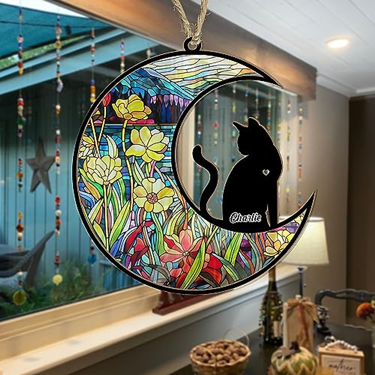 Personalized Cat Memorial Suncatcher/Ornament - Custom Name Cat Loss Memorial Christmas 2023 Ornament, Stained Glass Light Catcher Cat Sympathy Gift, Pet Remembrance Keepsake Memory Window Hangings