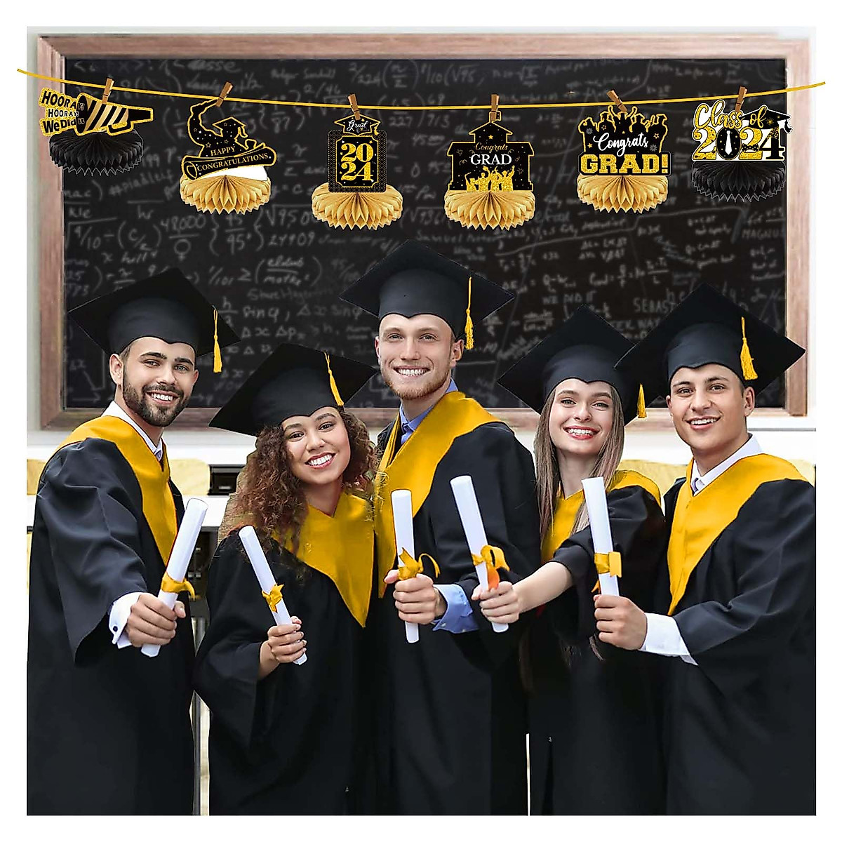 2024 Graduation Party Decorations - Black Gold Class of 2024 Graduation Party Decor Honeycomb Centerpieces for Tables Congratulate for 2024 Congrats Grad Party Supplies 8 Pcs