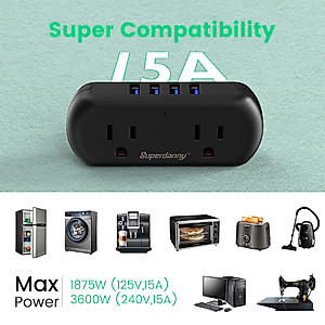 SUPERDANNY Mini Surge Protector with 2 Wide-Spaced Outlets & 4 USB Ports, Compact Size, Multi-Plug Outlet Extender for Travel, Home, Office, Black